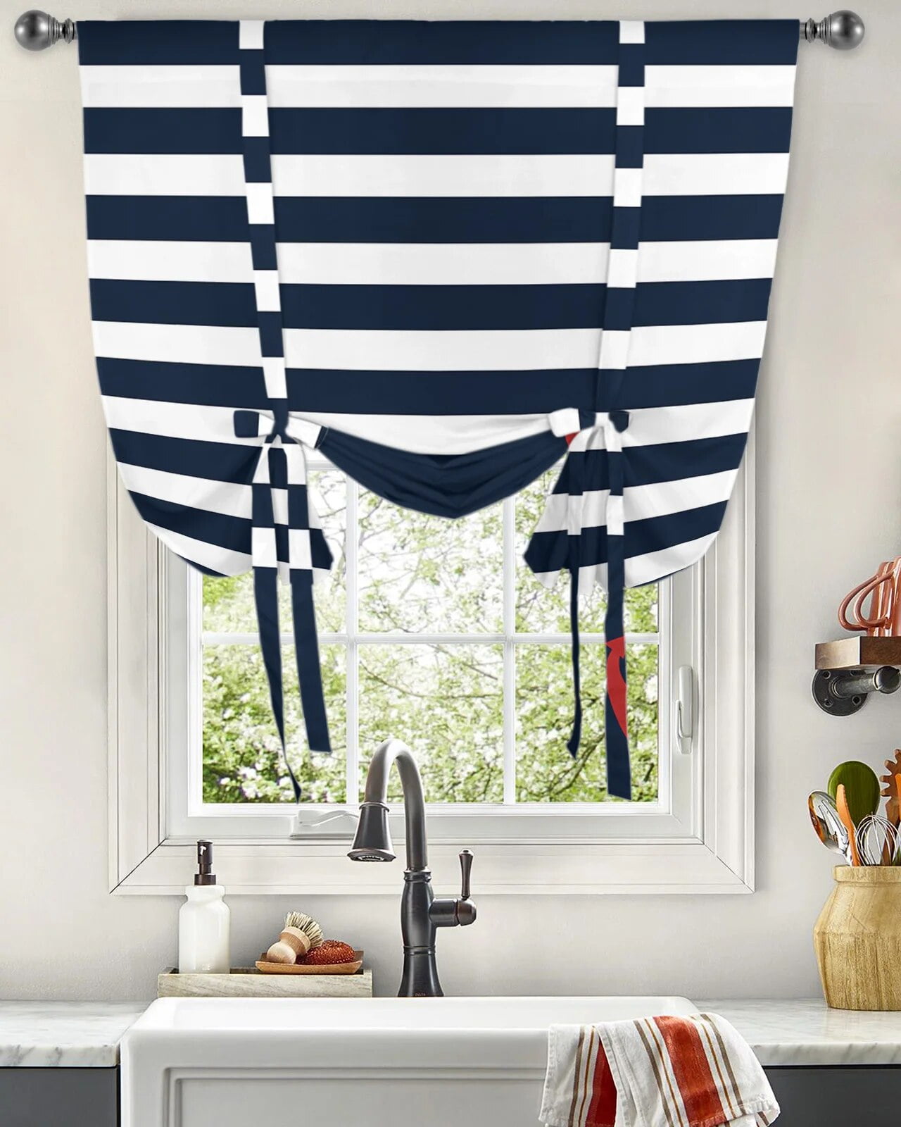 Navy Striped Anchor Window Curtain for Living Room Kitchen Tie-up Roman ...