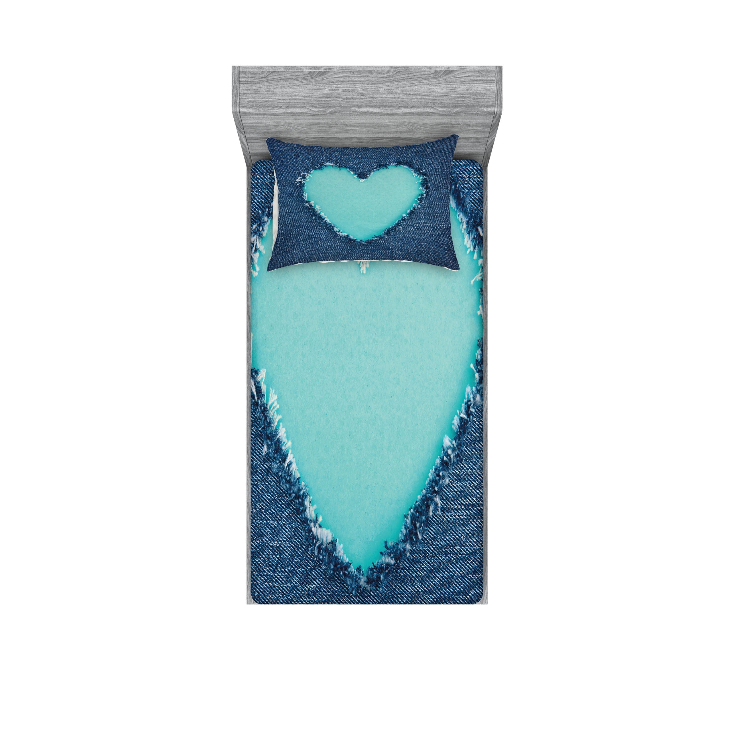 Navy and Teal Fitted Sheet & Pillow Sham Set, Ripped Themed Image Heart ...