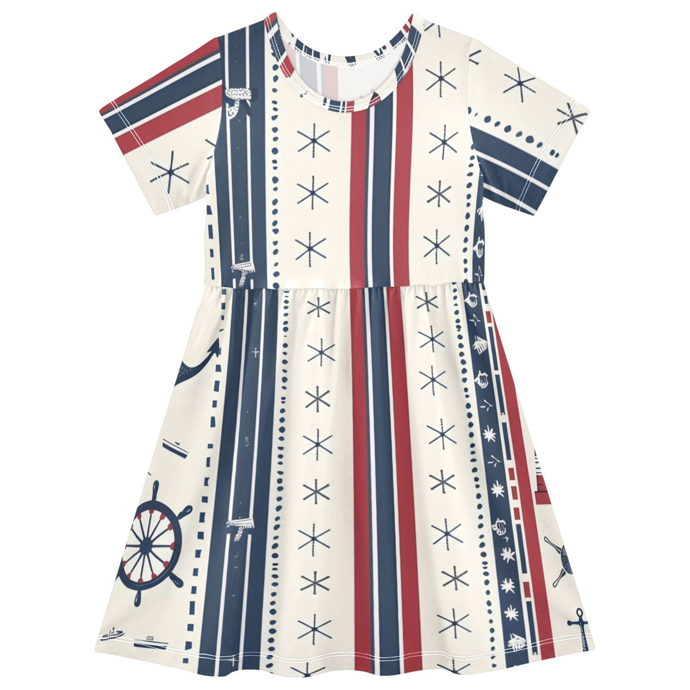 Navy Theme Stripes Wheels Lighthouses Girls' Short Sleeve Dress A-Line ...