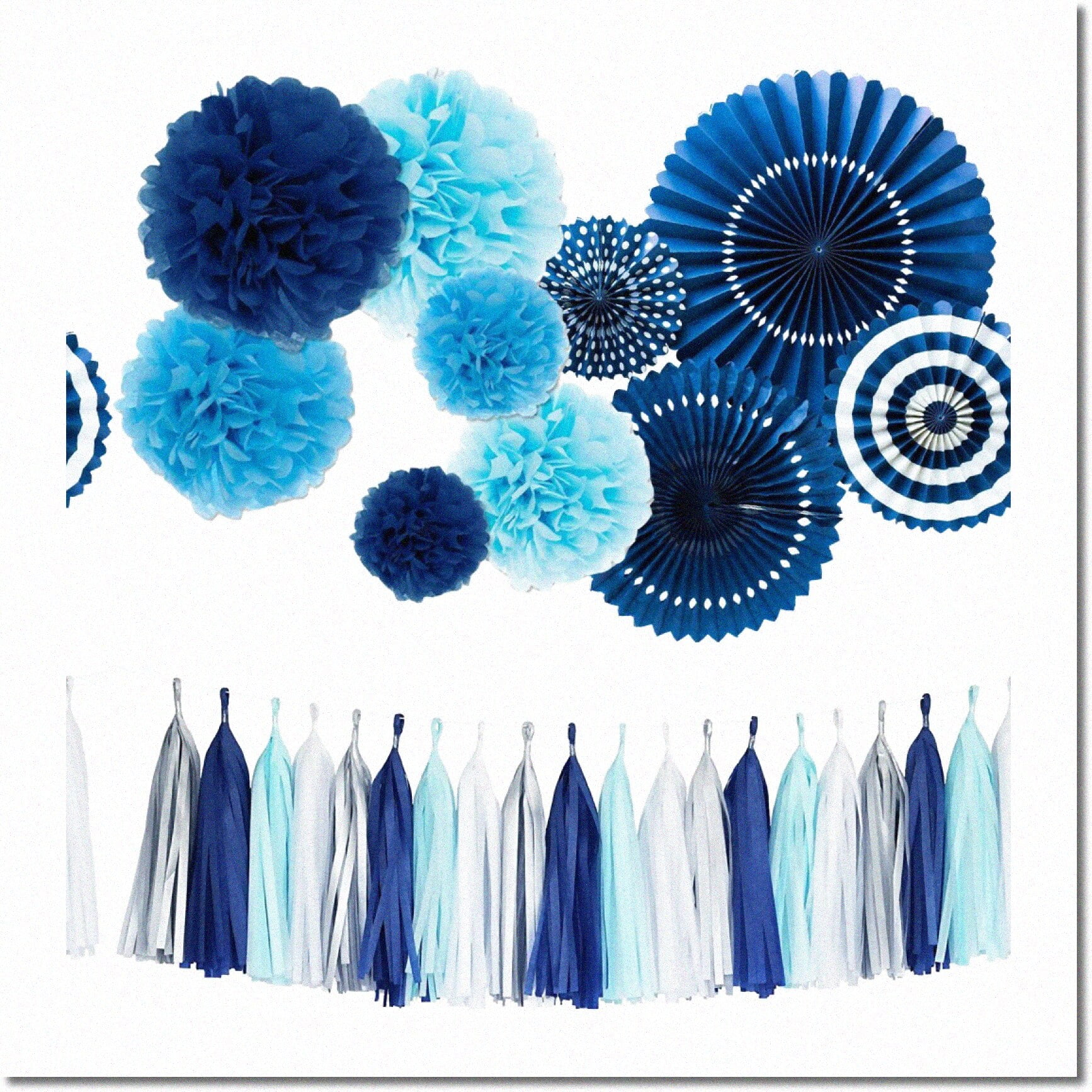 Navy Tissue Tel Pom Poms & Fans Party Kit - Wedding, Festival, Event ...
