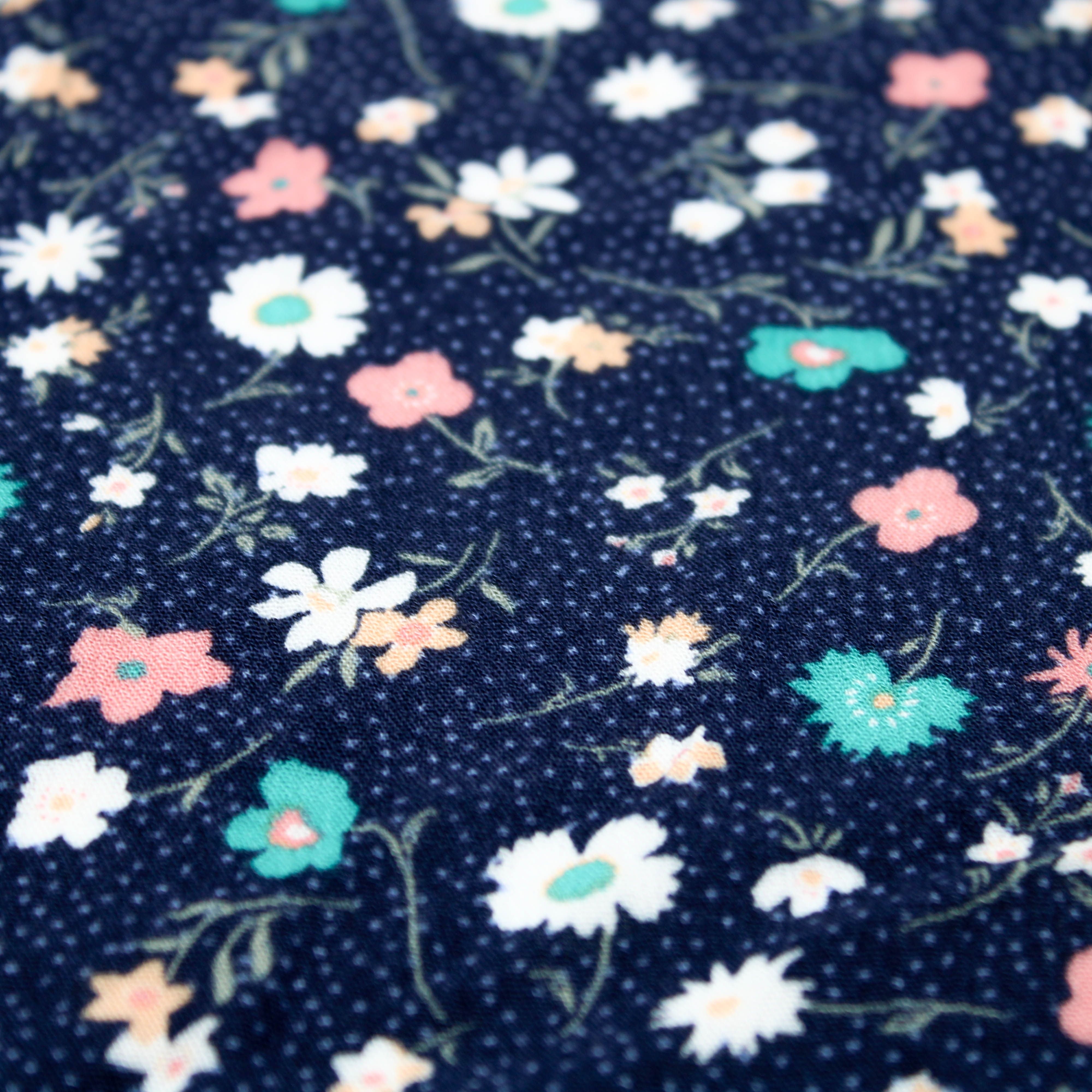 Navy-Turquoise Ditsy Floral Pattern Printed Rayon Crepon Fabric for DIY ...
