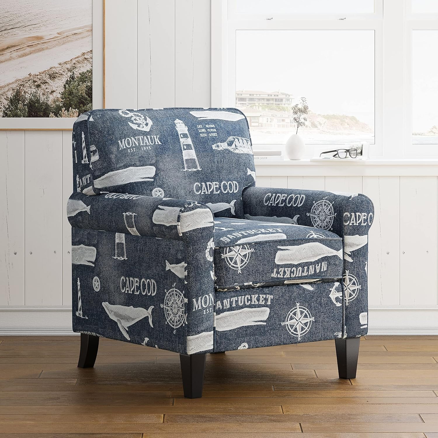 Navy Upholstered Accent Chair, Coastal Nautical Style, Easy Assembly ...