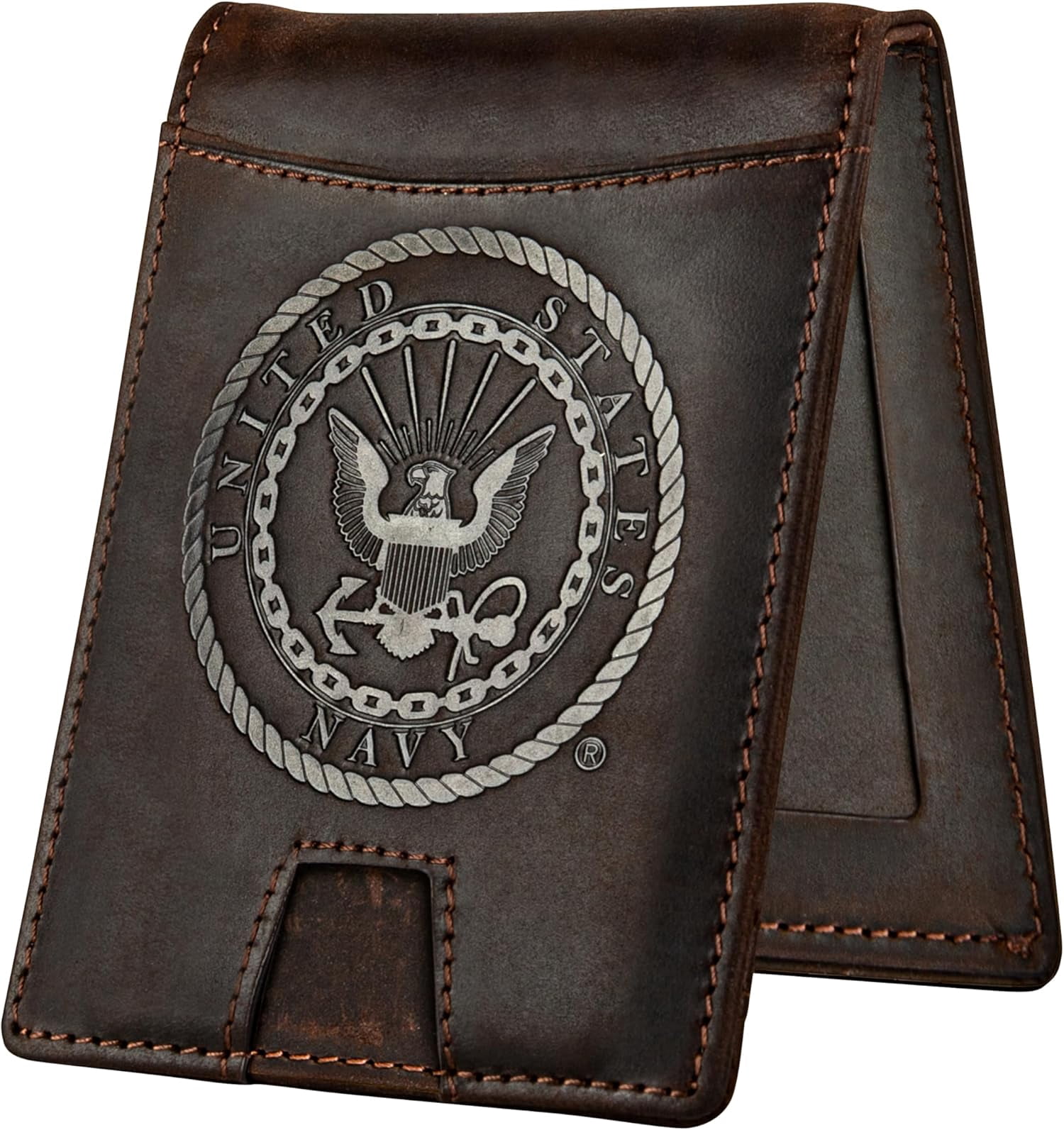 Navy Wallet - Genuine Brown Crazy Horse Leather -Blocking Bi-Fold Card ...