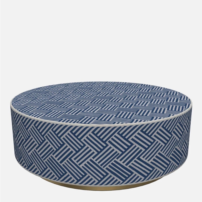 Navy & White Bone Inlay Coffee Table – Round Shape with Geometric Weave ...