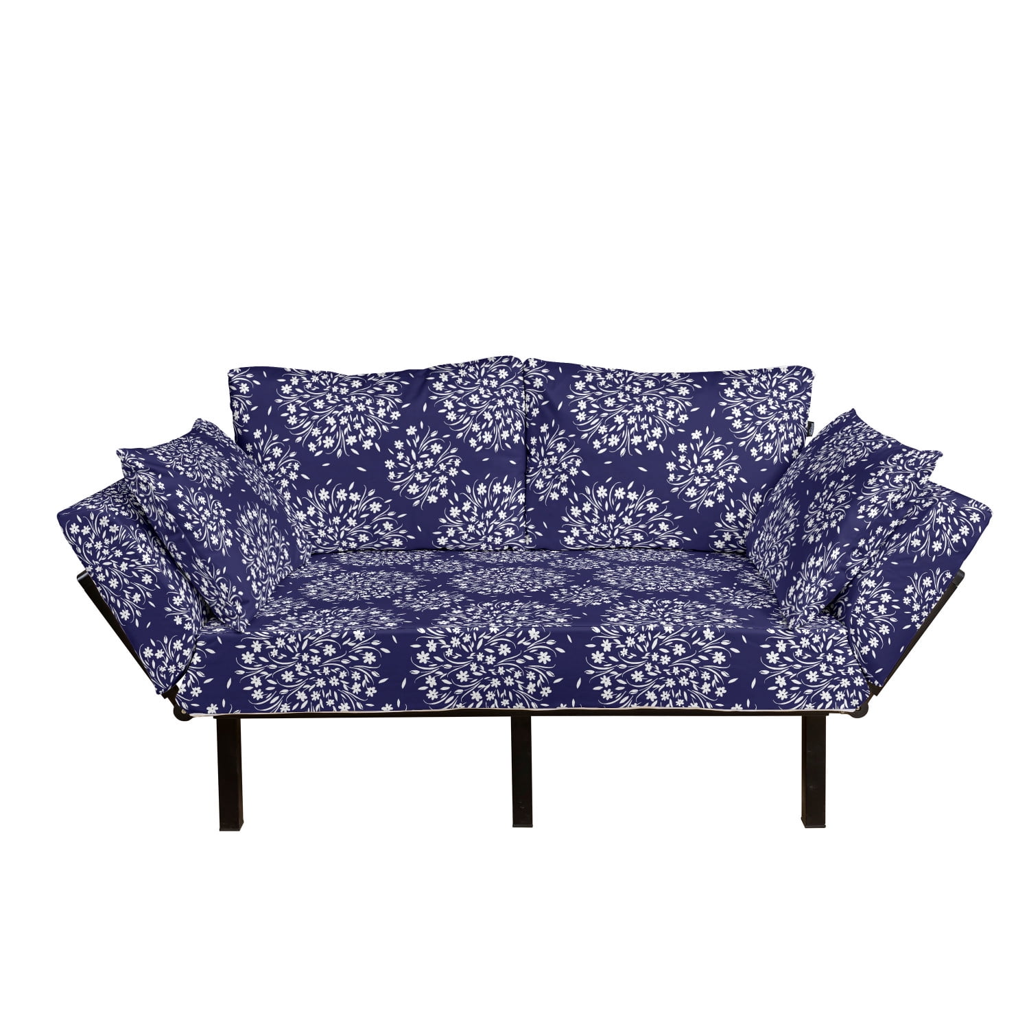 Navy and White Futon Couch, Scroll Pattern with Little Rural ...