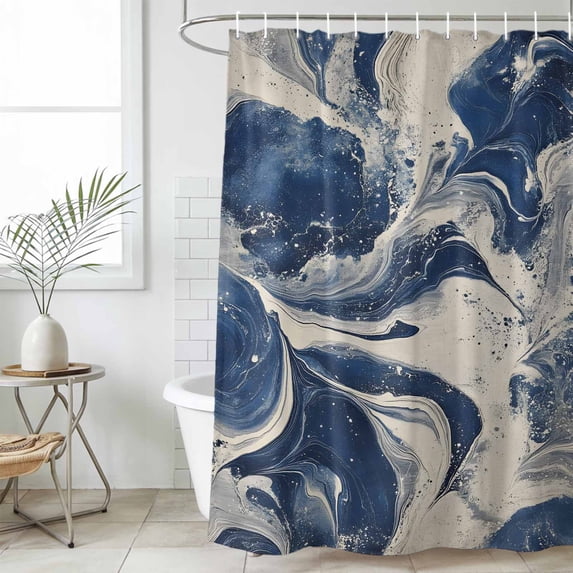 Navy White Waterproof Fabric Shower Curtain, Marble Modern Artwork ...