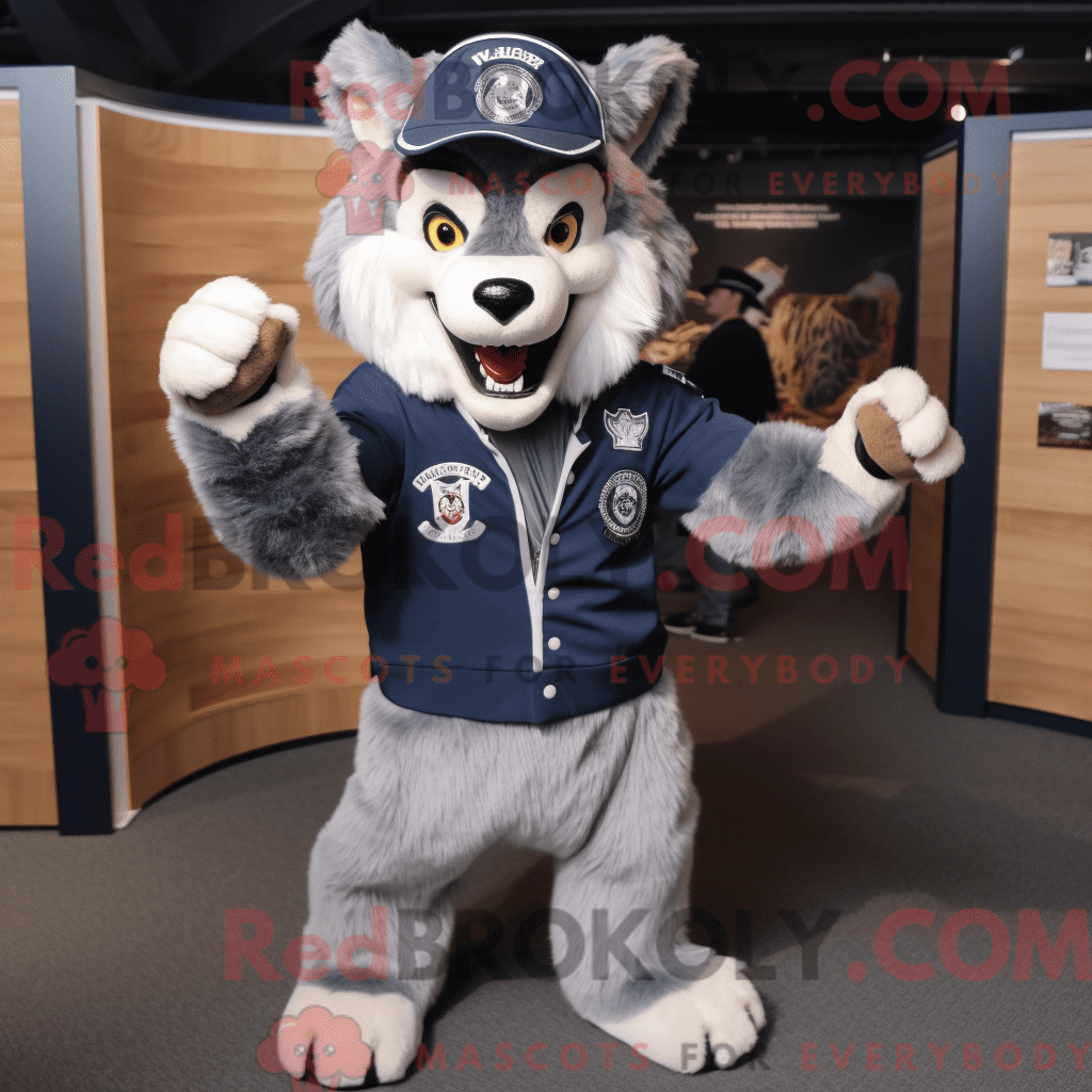 Navy Wolf REDBROKOLY mascot costume character dressed with a Overalls ...