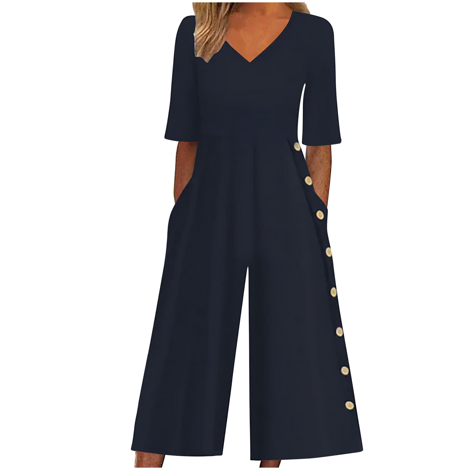 Navy Women Coveralls Lounge Button Up Overalls Pants One Piece for ...