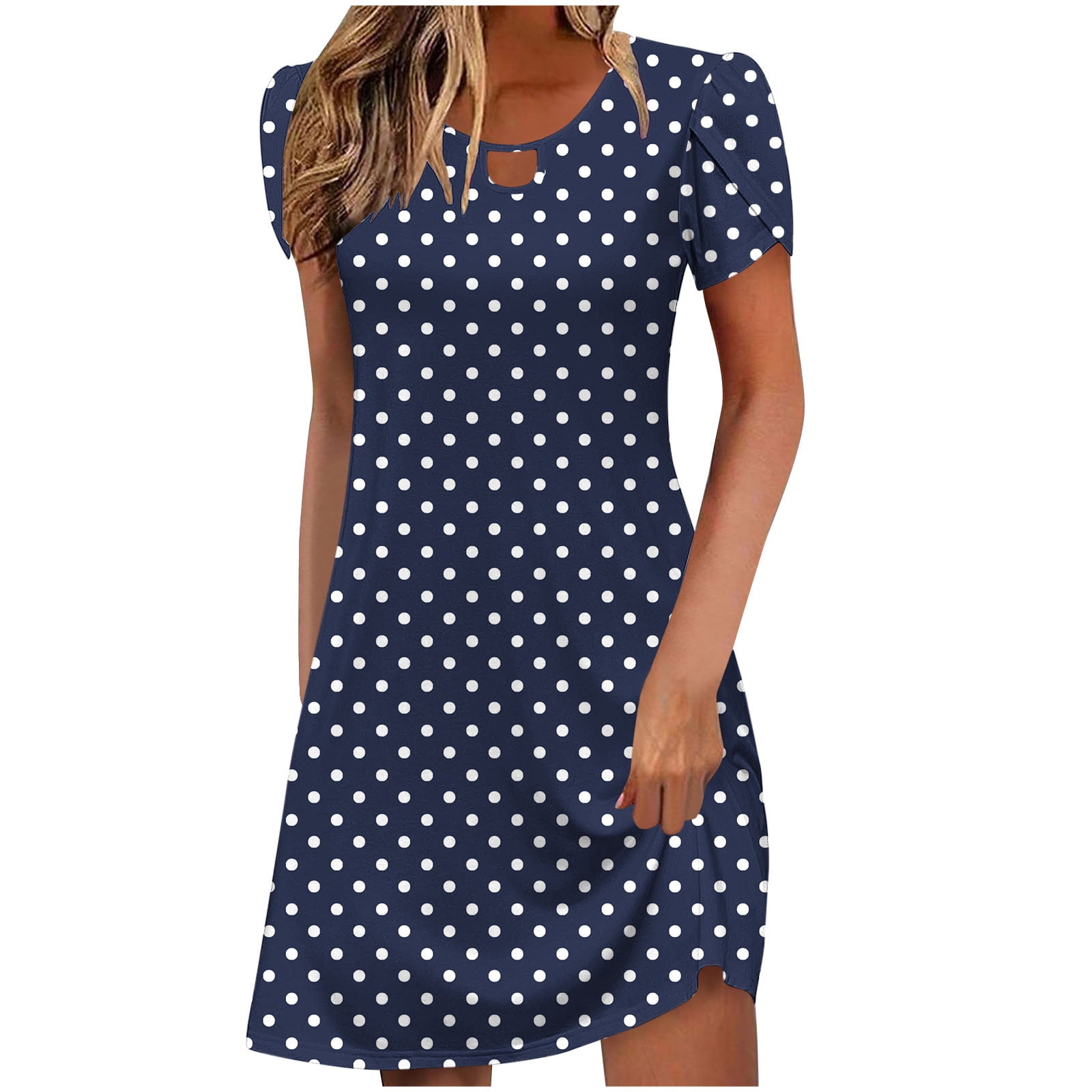 Navy Women Keyhole Eyelet Midi Knee High Dresses for Women Ruffle ...