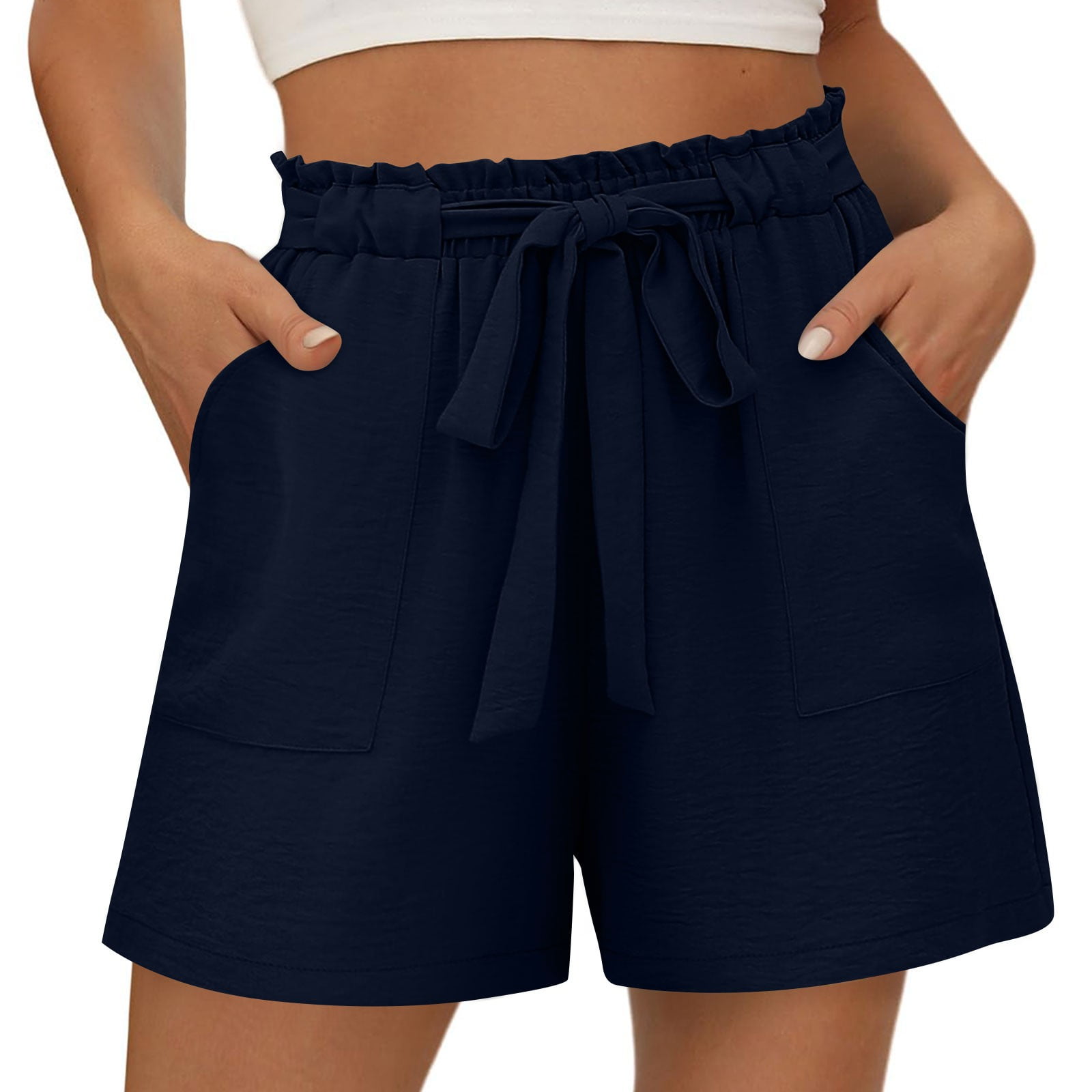 Navy Women Loose Fit Shorts Faux Gauze Linen Pants Shorts for Teen Girls Brunch Ruched Flare ...