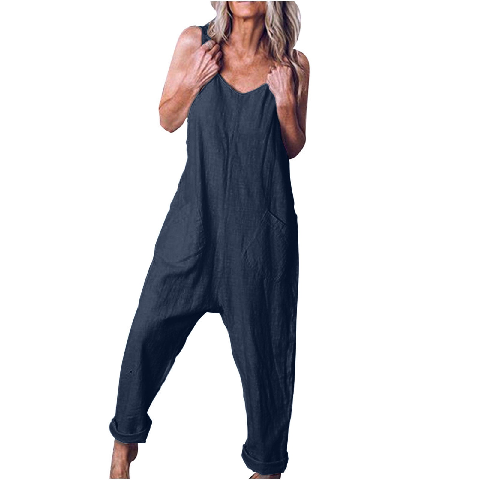 Navy Women Thin Overall Straight Leg Basic Long Leg Overalls Loose Fit ...