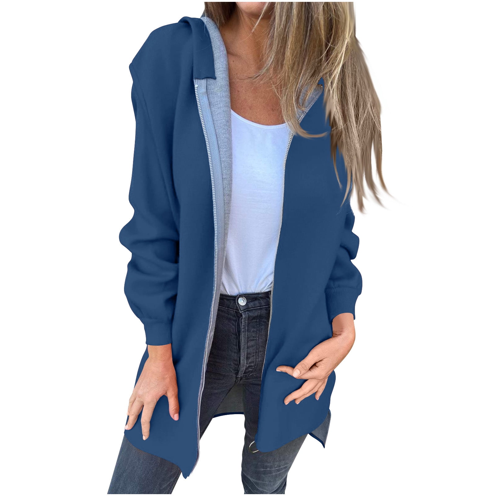 Navy Women with Hood Cardigan Plain Long Jacket Hoods Outfit for Women ...