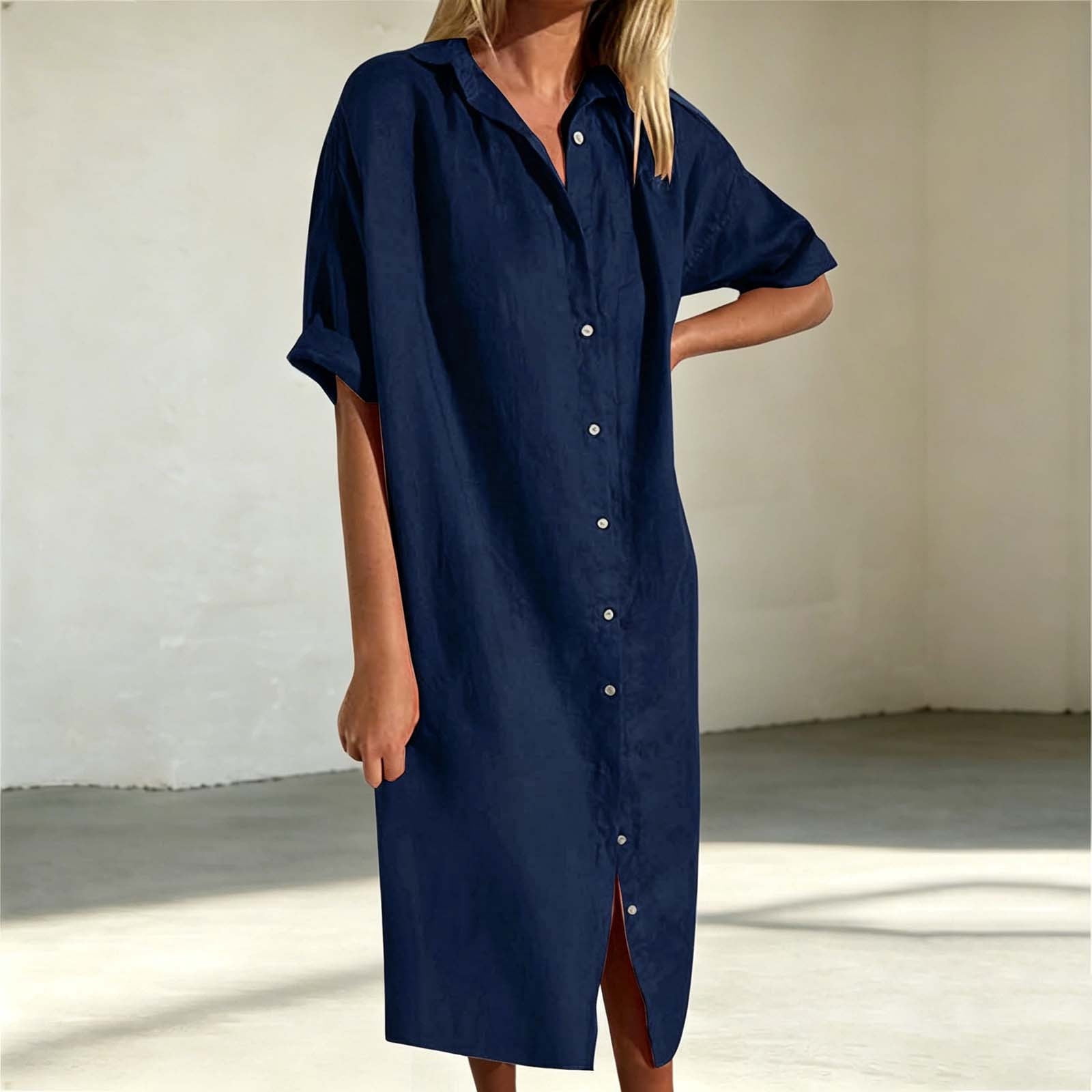 Navy Womens Brunch Button Short Sleeve Dress for Women Collared Neck ...