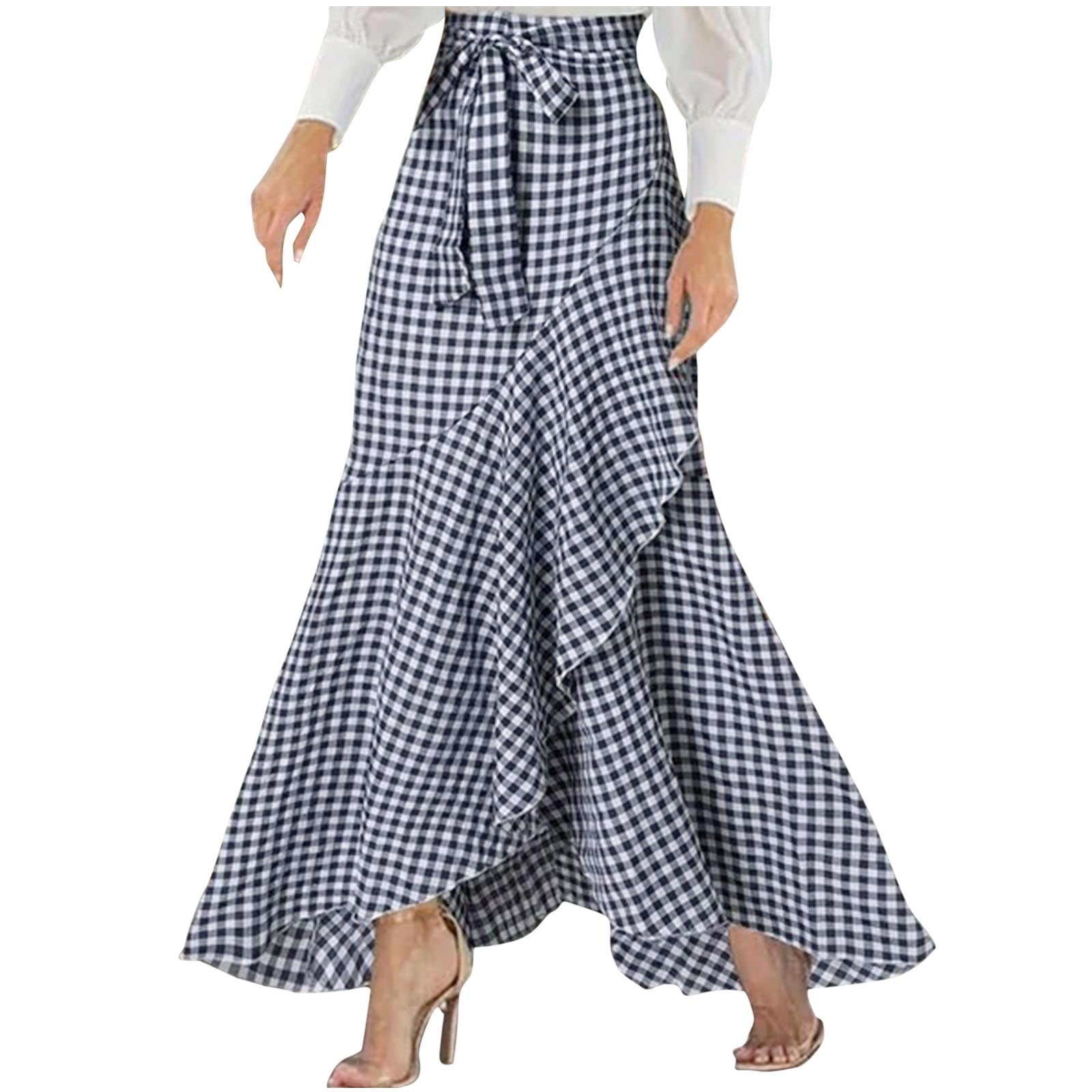 Navy Womens Loose Fit Skirt for Ladies Maxi Long Modest Wrap Plaid High ...