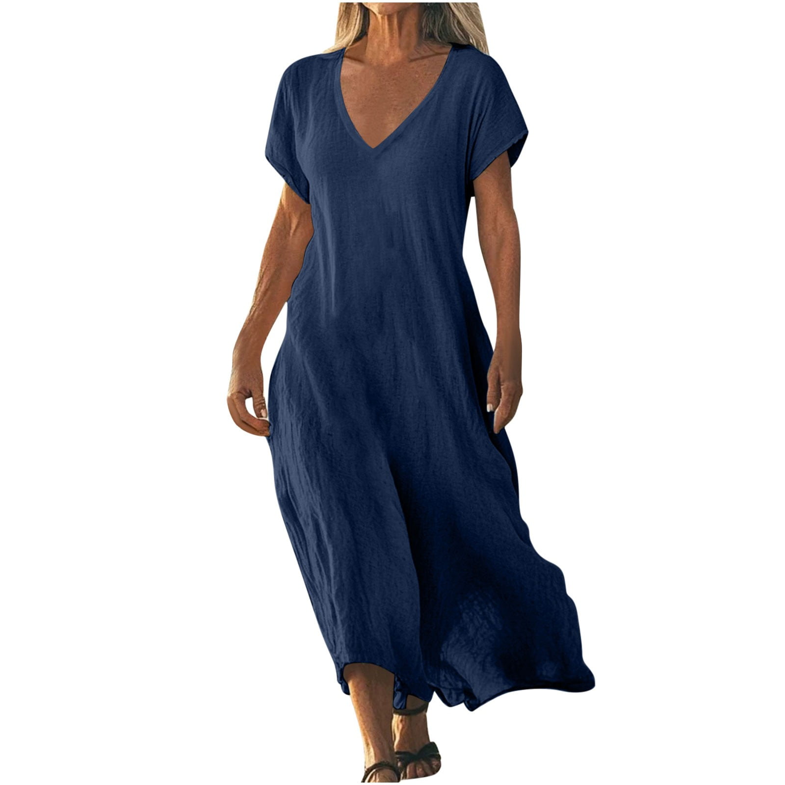 Navy Womens Short Sleeve Dress for Ladies Vneck Faux Linen Maxi Long ...