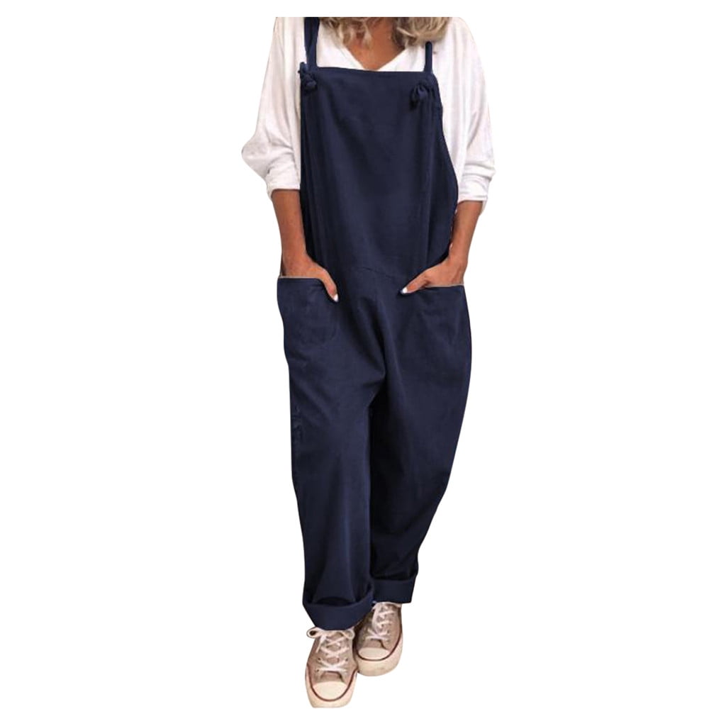 Navy Womens Thin Overall Straight Leg Basic Long Leg Pants Loose Fit ...