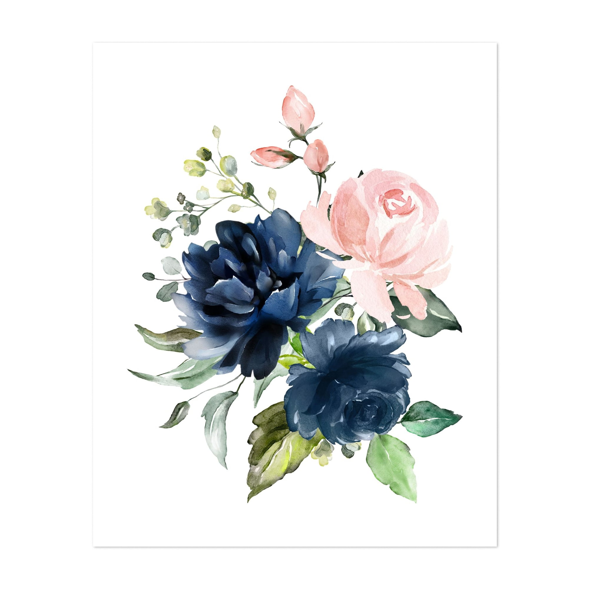 Navy and Blush Flowers, Watercolor Flowers, Roses, Greenery, Girl ...