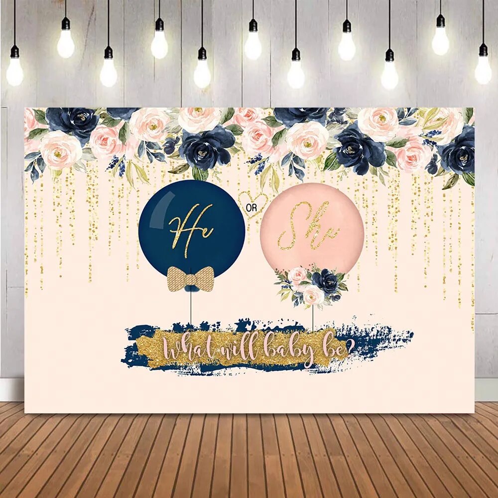Navy and Blush Gender Reveal Party Backdrop He or She What Will Baby Be ...