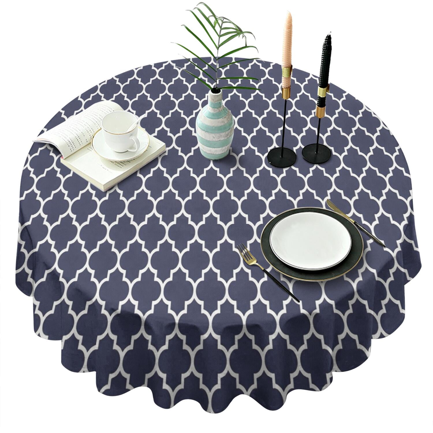 Navy and White Geometric Lattice Pattern Round Tablecloth 60"x60 ...