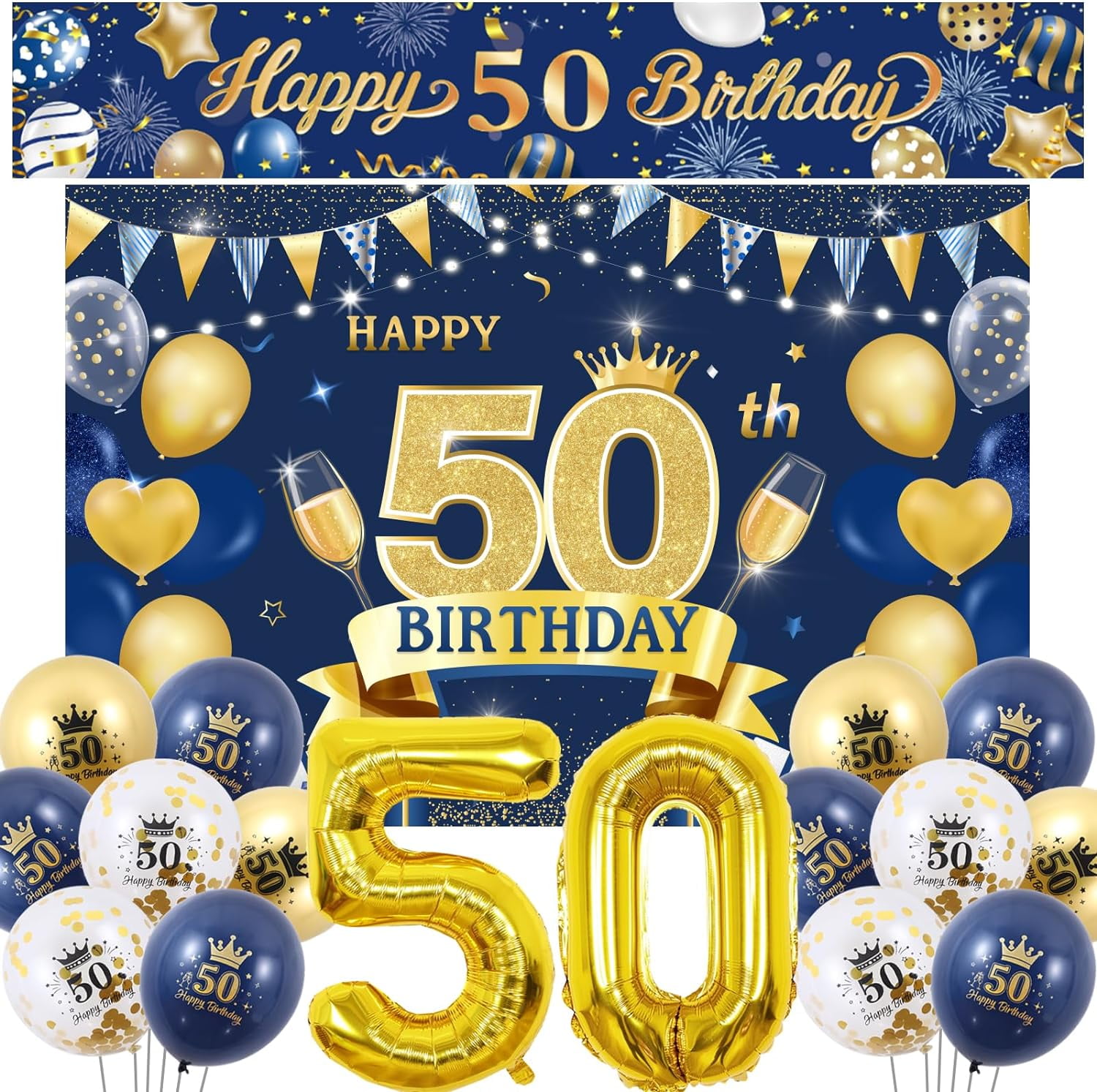 Navy blue 50th birthday decorations for men blue and gold happy fifty ...