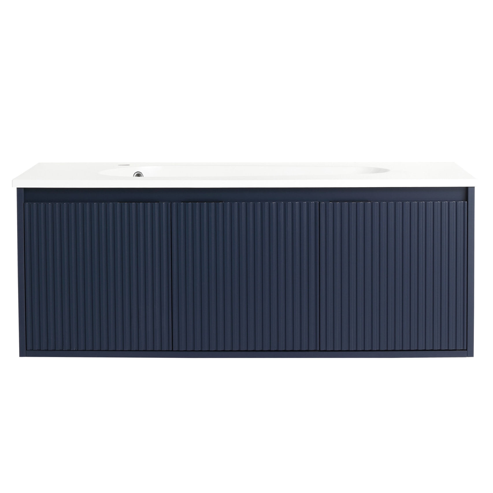 Navy blue floating vanity with hidden metal handles and soft - close ...
