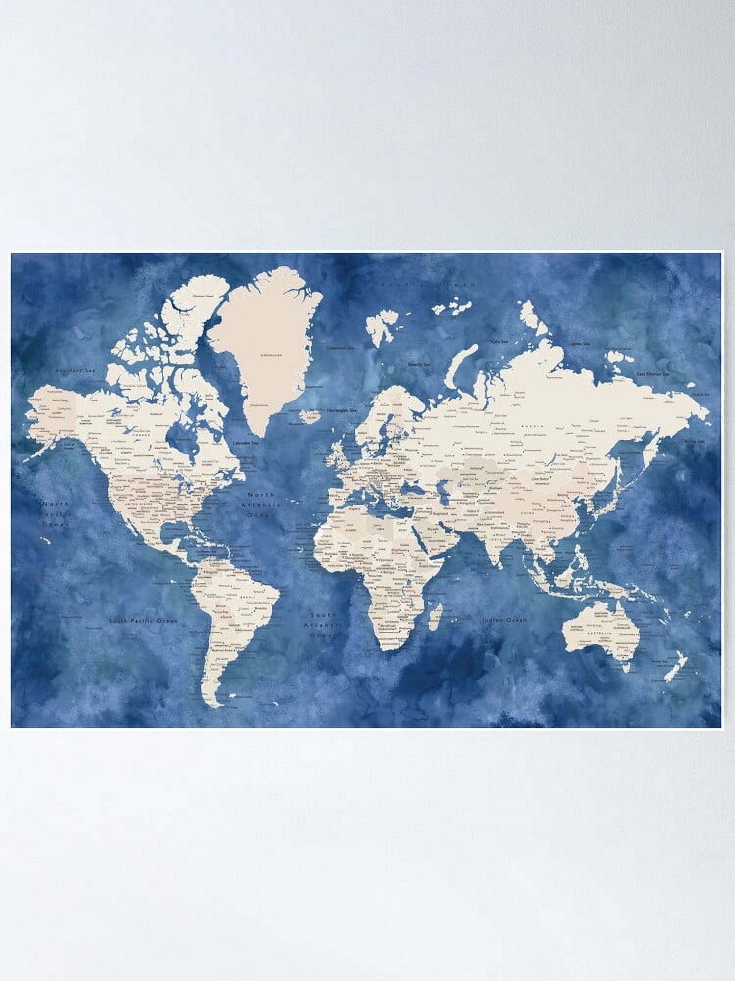 Navy blue watercolor and neutrals world map Poster - Walmart.com