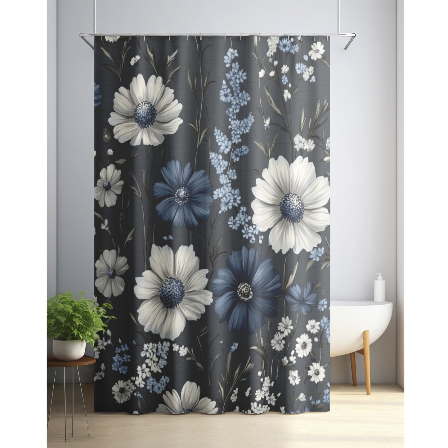 Navy shower curtain, spring night cottage style vintage floral ...