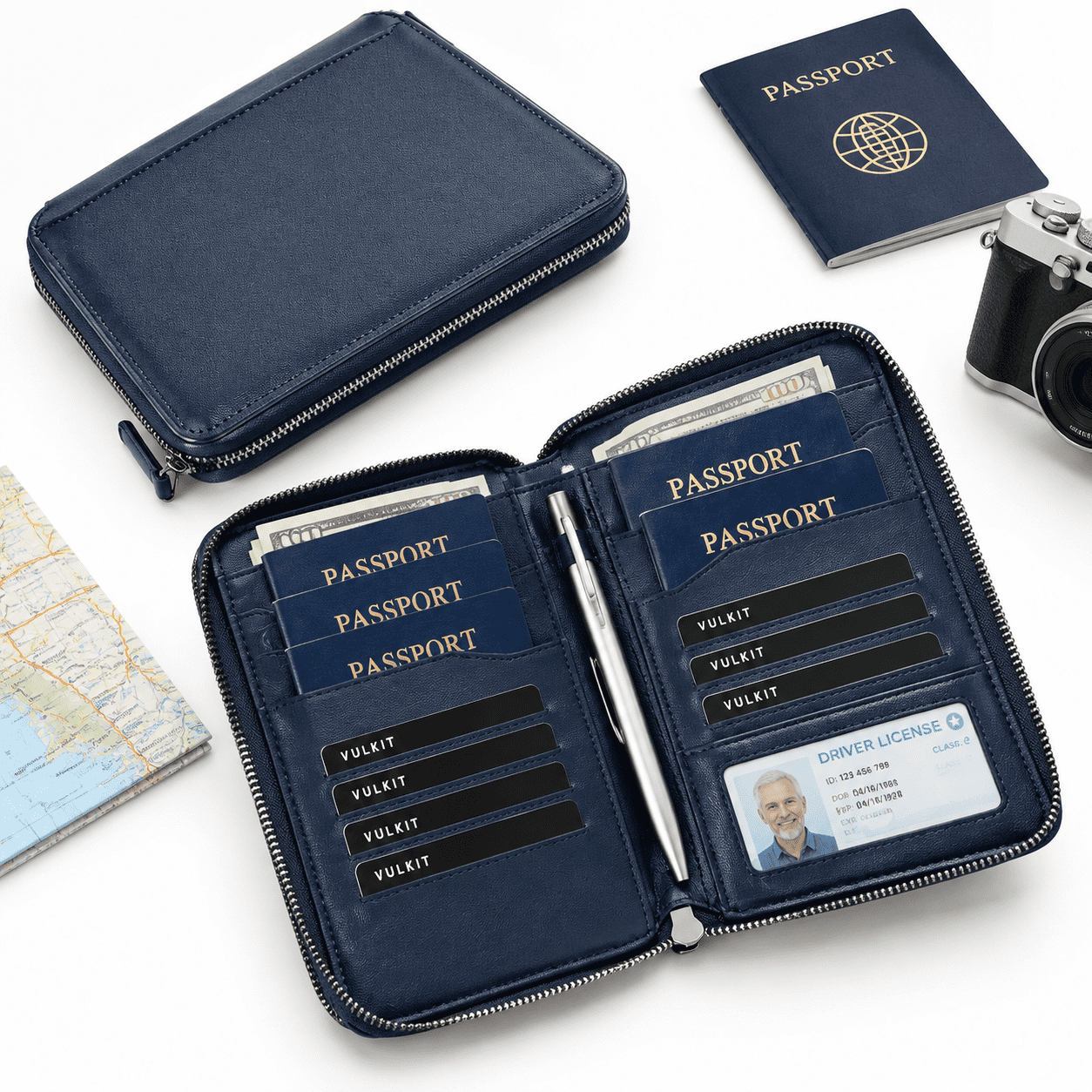 NavyBlue Leather Passport Holder For 4-8 Passports Family Travel ...