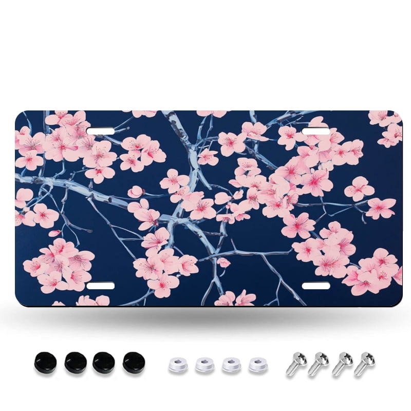 Navyhued Pink Cherry Blossom Flower Flroal Navy Blue Art License Plate ...
