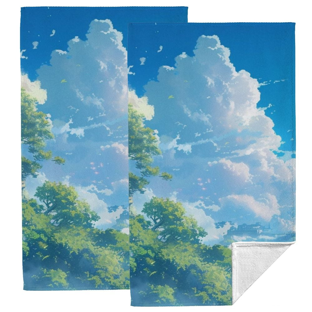 Nawy Blue Sky with Cloud Ghibli Style Kitchen Towels - Set of 2, Soft and Absorbent Hand Towels ...