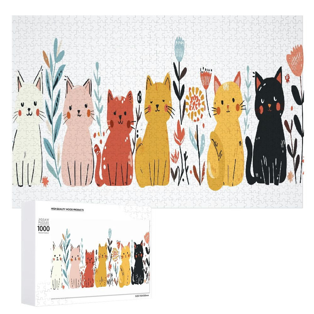 Awypu Cats and Flowers Hand Drawn Simple Art Puzzle for Adults and Kids ...