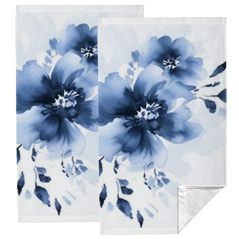 Nawy Hand Towel 2-Pack, Blue Floral Print, Soft and Absorbent, for ...