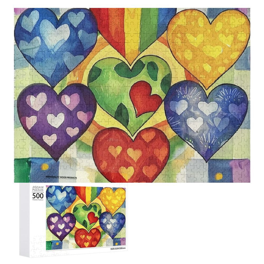 Awypu Hearts Rainbow Checkered Background Wooden Jigsaw Puzzle for ...
