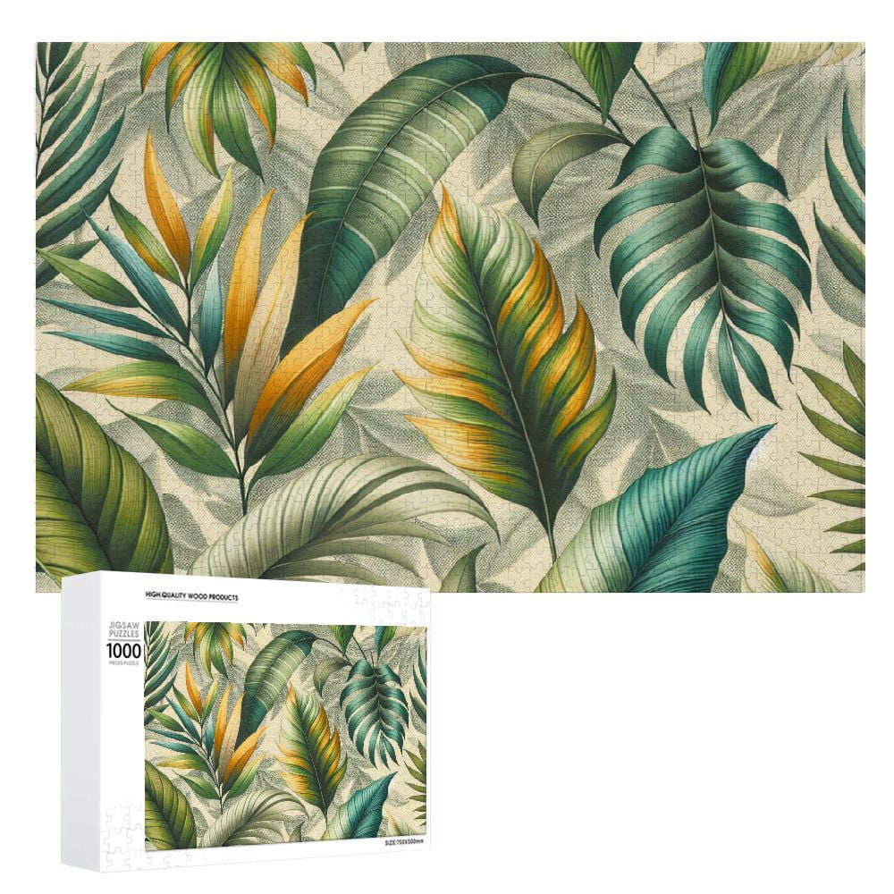 Awypu Impossible Wooden Puzzles Tropical Palm Leaves Banana Jungle Leaf Floral Pattern Fabric ...