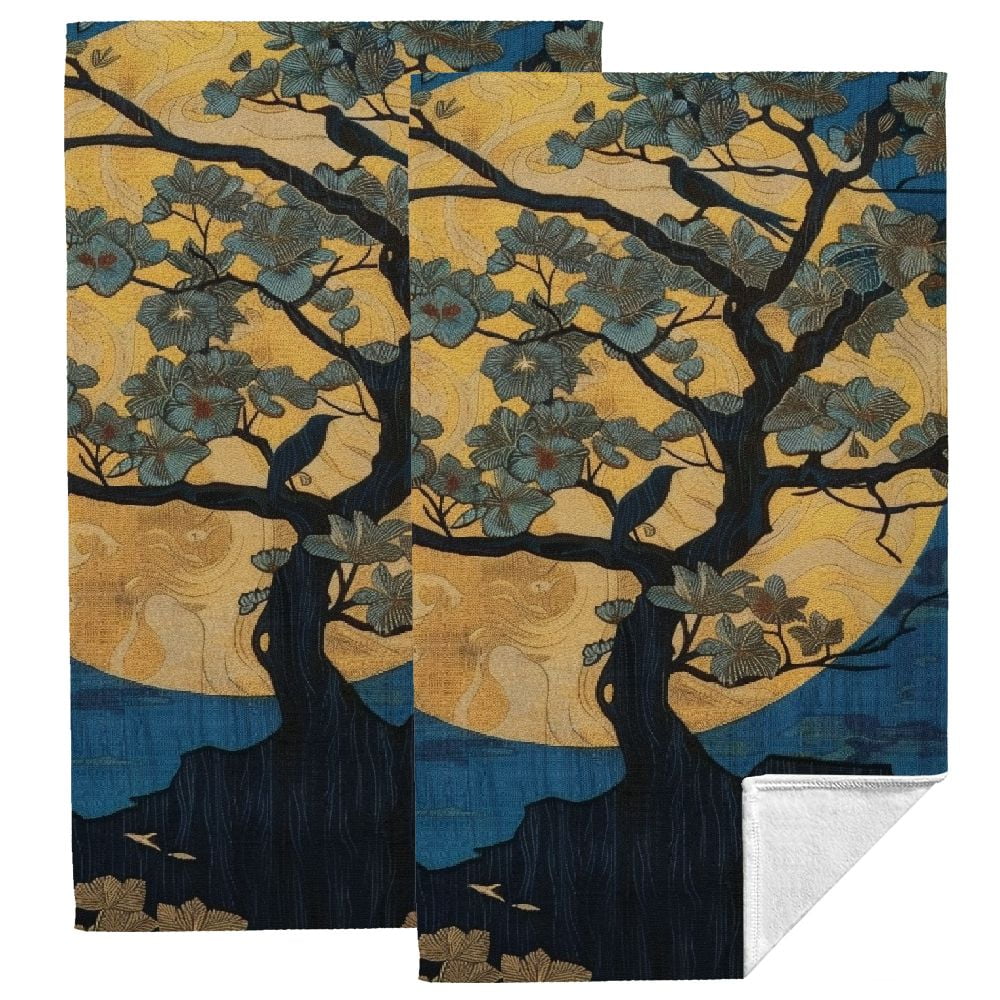 Nawy Ink Painting Blue Flower Branch with Full Moon Cute Towels Set of 2 Ultrafine Fibers 27 ...