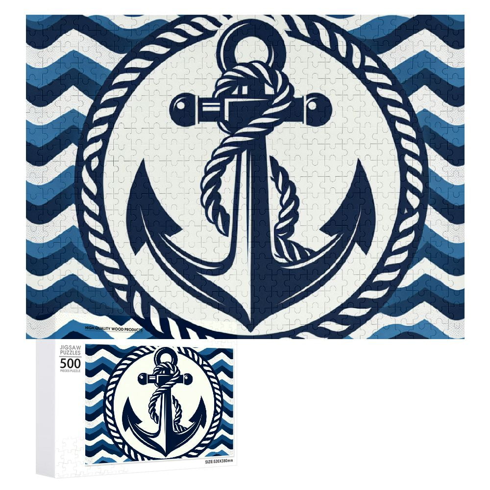 Awypu Nautical Anchor on Blue and White Waves Wooden Jigsaw Puzzle for ...