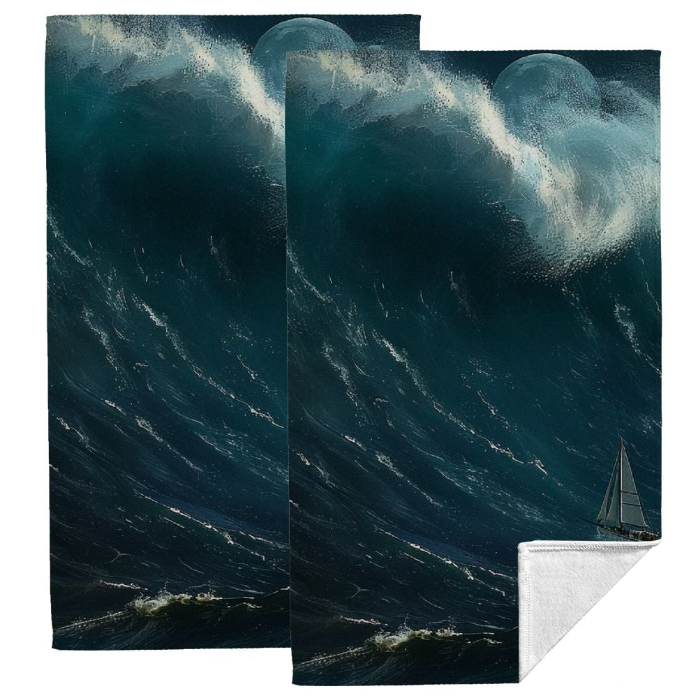 Nawy Ocean Small Boat Captured by Large Wave Seastorm Tsunami Decorative Tea Towels 2-Pack ...