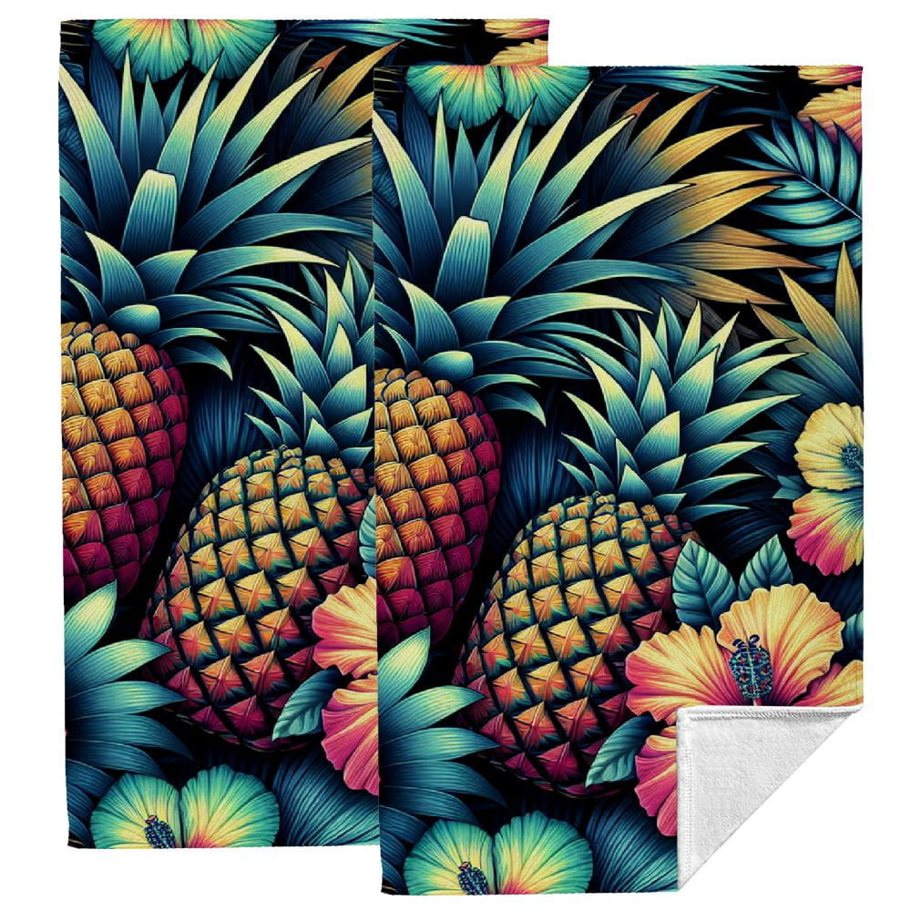TIAOTIAOHOU Tropical Flowers with Pineapple Summer Palm Leaf Jungle Plant Foliage Towels Set of ...