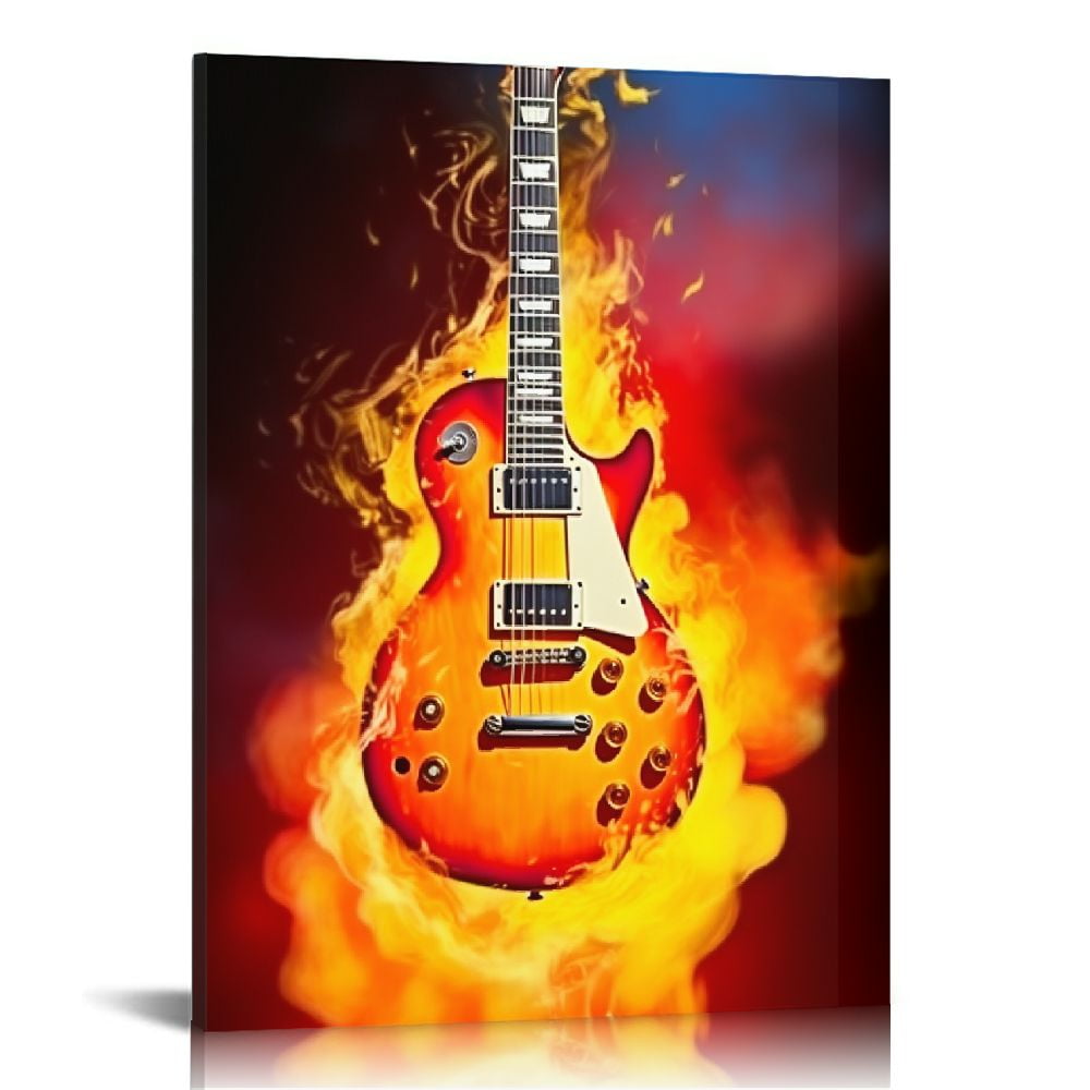 Nawypu - 3 Pieces Canvas Prints Fire Burning Eletric Guitar Wall Art ...