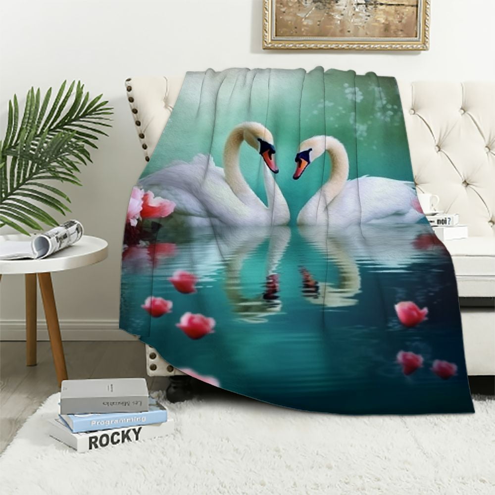 Nawypu 3D Swan Printed Throw Blanket Pink Flowers Blanket Romantic Love ...