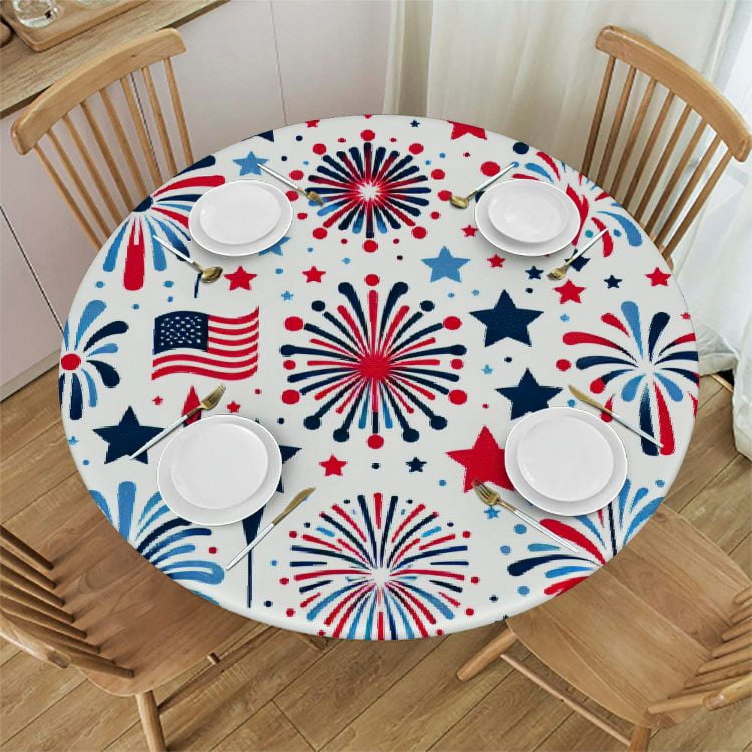 Nawypu 4th of July Fireworks, Elastic Fitted Edged Round Tablecloth ...