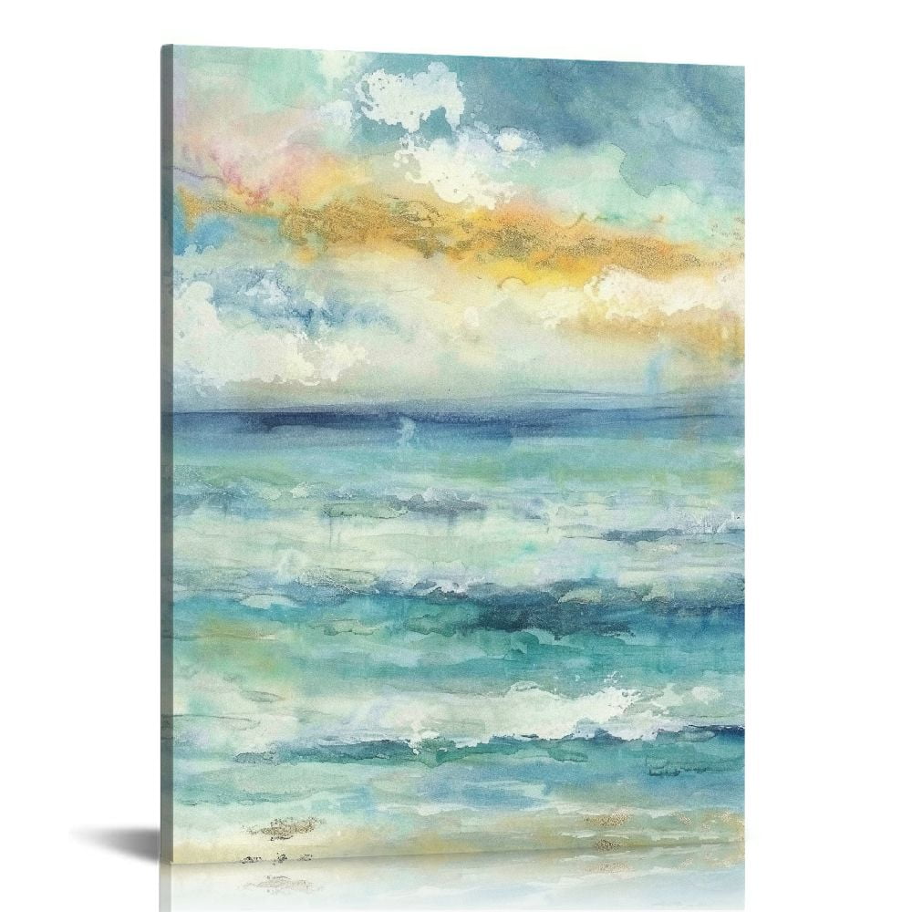 Nawypu Abstract Beach Canvas Picture Painting: Blue Seascape with Gold ...