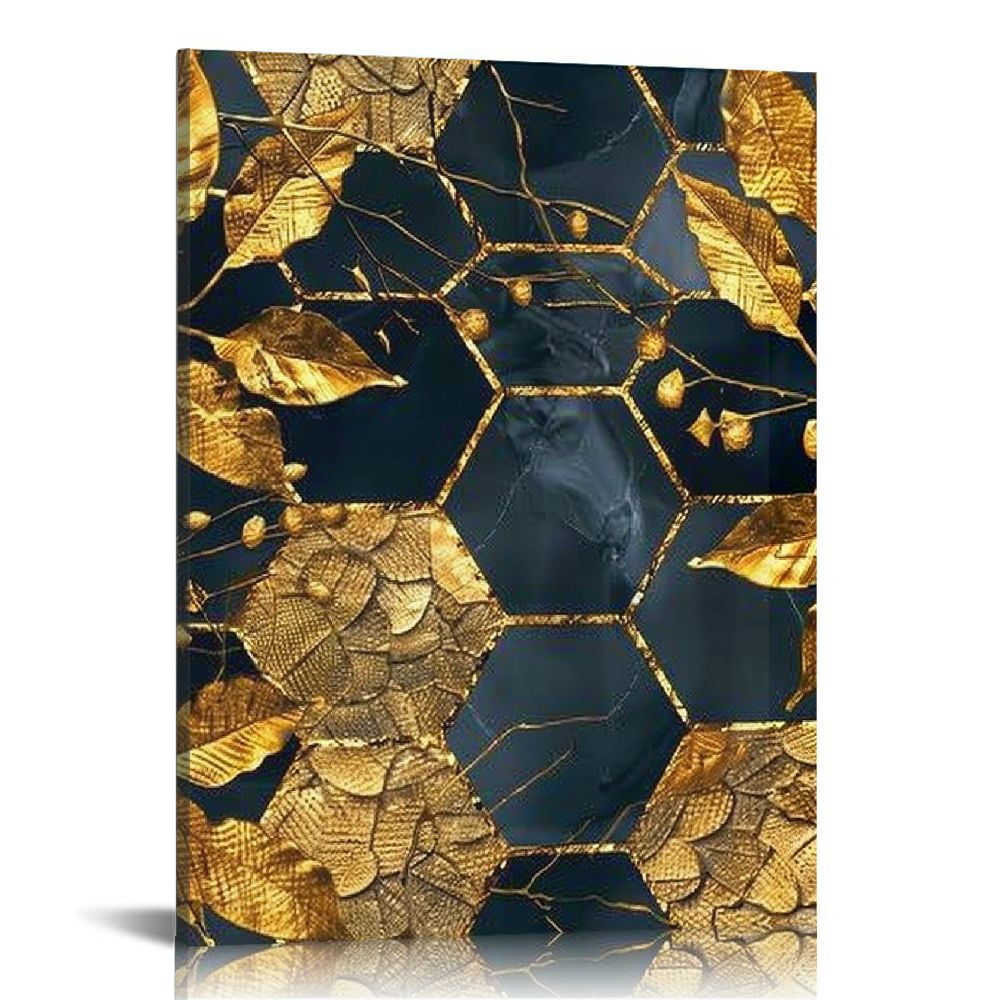 Nawypu Abstract Blue and Gold Canvas Wall Art Abstract Line Painting ...