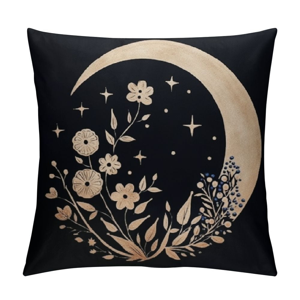 Nawypu Abstract Boho Gold Moon Stars Flowers Decorative Pillowcase ...