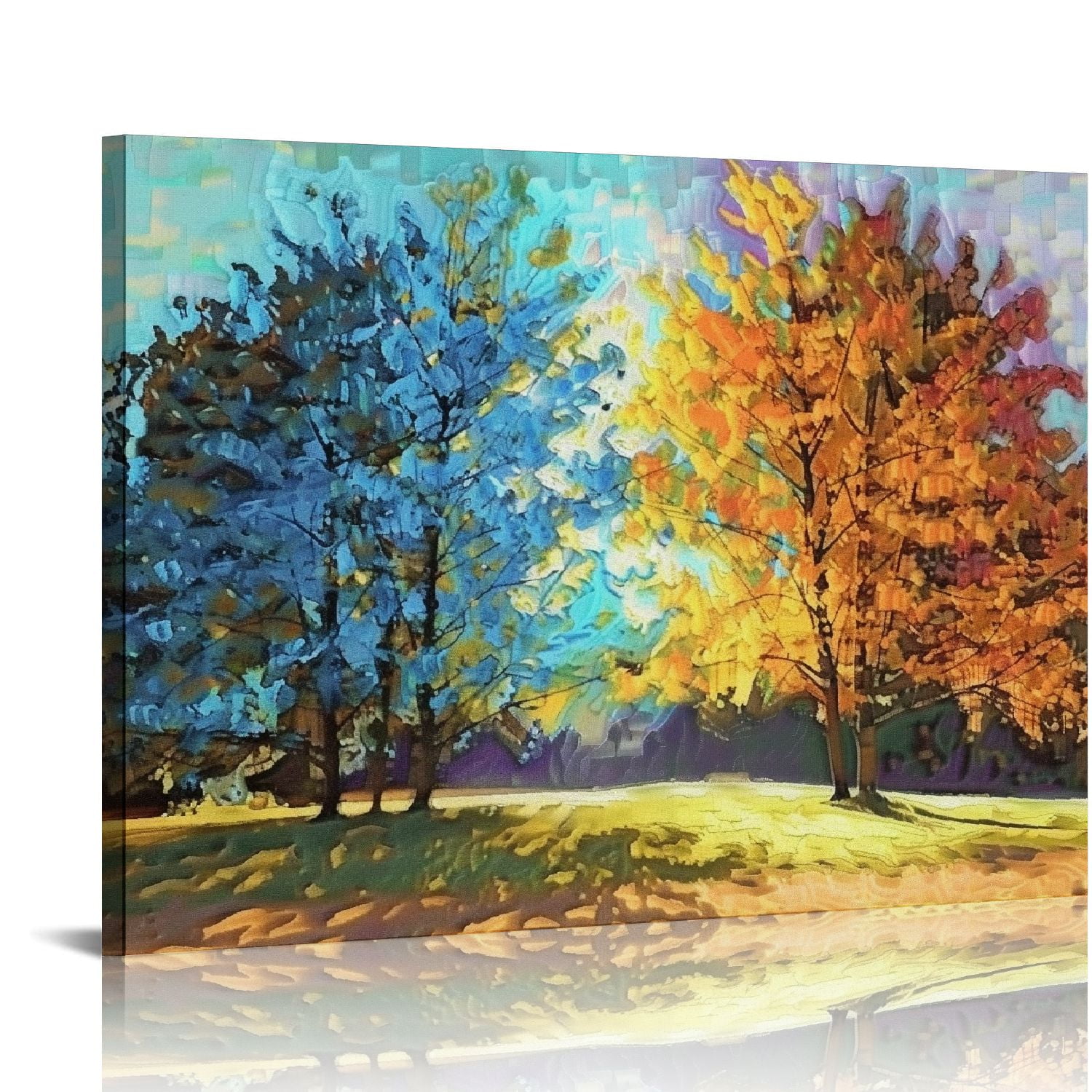Nawypu Abstract Tree Painting Wall Art Teal Blue and Yellow Tree Canvas ...