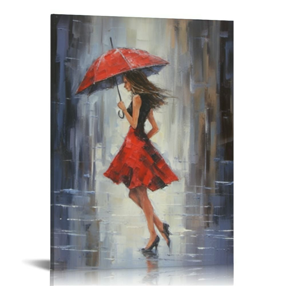 Nawypu Abstract Wall Art Rain Modern Canvas Painting Girl Umbrella with ...