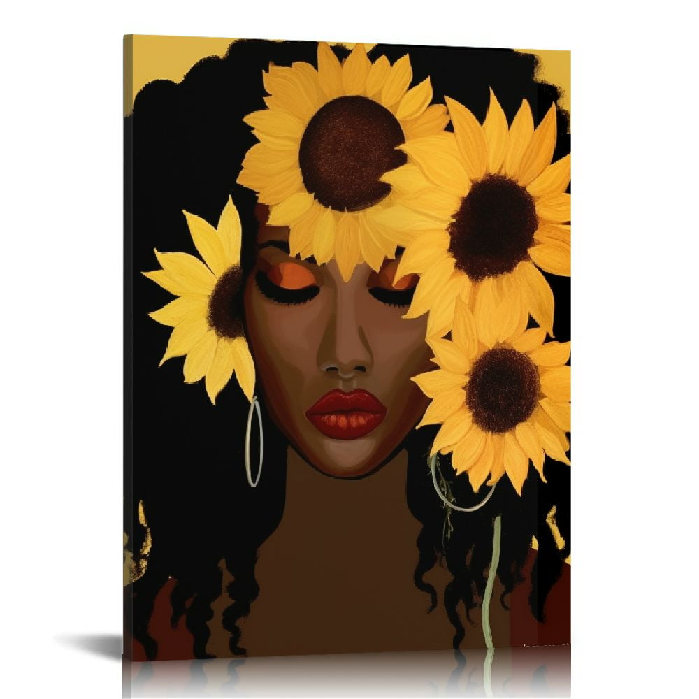 Nawypu African American Black Woman Wall Art,Abstract Black Girl Boho Fashion Flower Canvas ...