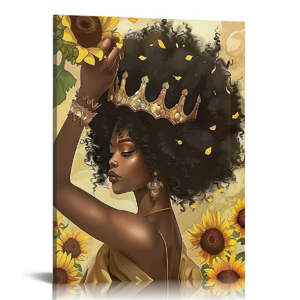 Nawypu African American Canvas Wall Art Black Queen Portrait Posters Yellow Sunflower Girl ...
