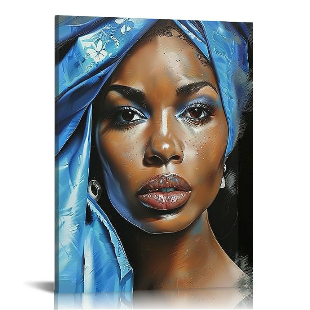 Nawypu African American Canvas Wall Art Black Woman Portrait Painting Blue Hair Beauty Black ...