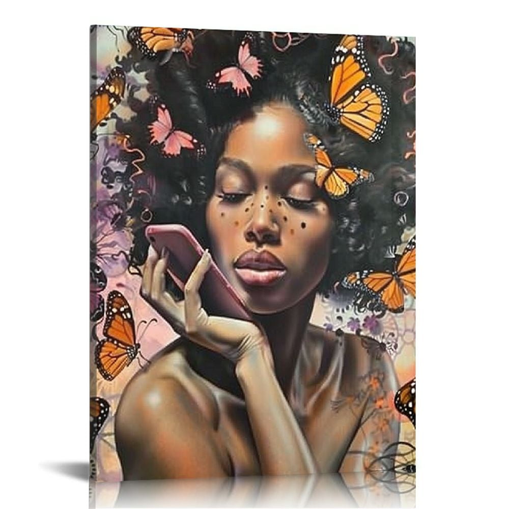 Nawypu African American Canvas Wall Art Butterfly on Black Women Head Pictures Abstract Girl ...